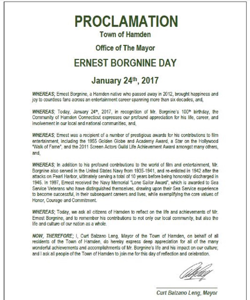 Hamden Honors Ernest Borgnine in Recognition of 100th Birthday - Hamden ...